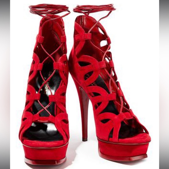 Yves Saint Laurent | Shoes | Yves Saint Laurent Lace Up Red Heels ...